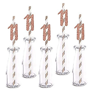 Rose Happy 11th Birthday Straw Decor, Rose Gold Glitter 24pcs Cut-Out Number 11 Party Drinking Decorative Straws, Supplies