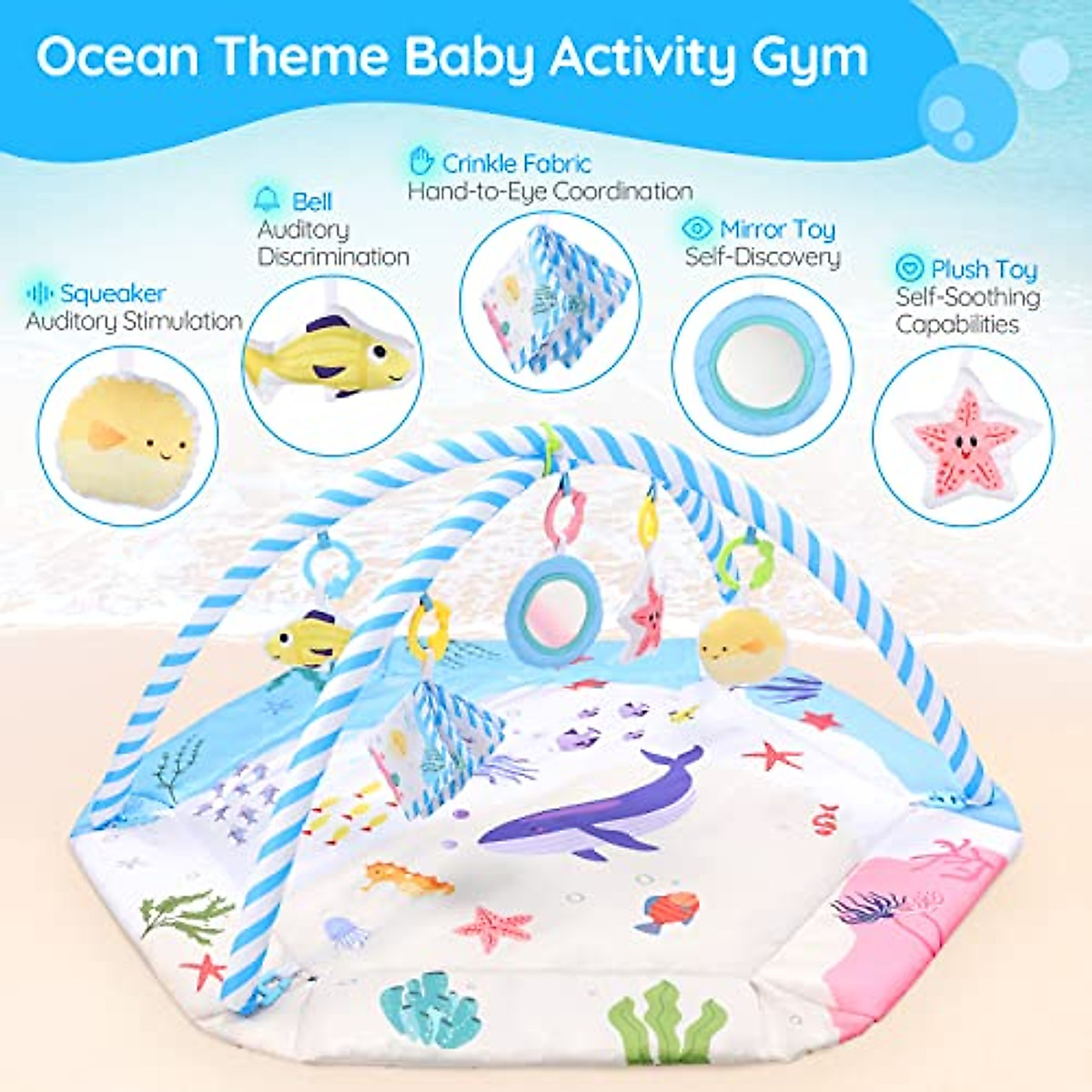 5-in-1 Baby Play Mat, Thickened Tummy Time Mat & Ball Pit Ocean Theme Baby Activity Mat with Net, Non-Slip & Washable for 3-18M Baby Motor&Cognition Development, 39.4x43.3x18.5 Inch