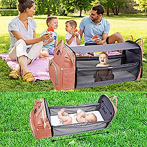 Lamroro Diaper Bag Backpack Foldable Baby Bed, Diaper Changing Station with USB Charging Port, Waterproof Multi-Functional Girl Boy Mom Travel Baby Diaper Bag, Large Capacity, Pink, 16.5x9x13 Inch