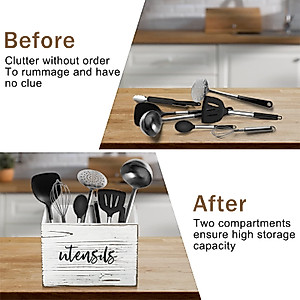 Uituka Utensil Holder Organizer Countertop for Kitchen Wood Crock Farmhouse Caddy Flatware Storage Box Rustic Utensils for Kitchen with 2 Compartments