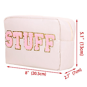 oaesc Nylon Cosmetic Bag Chenille Letter Patches Waterproof Travel Pouch Snack Makeup with Wrist Strap for Women (Beige-STUFF)