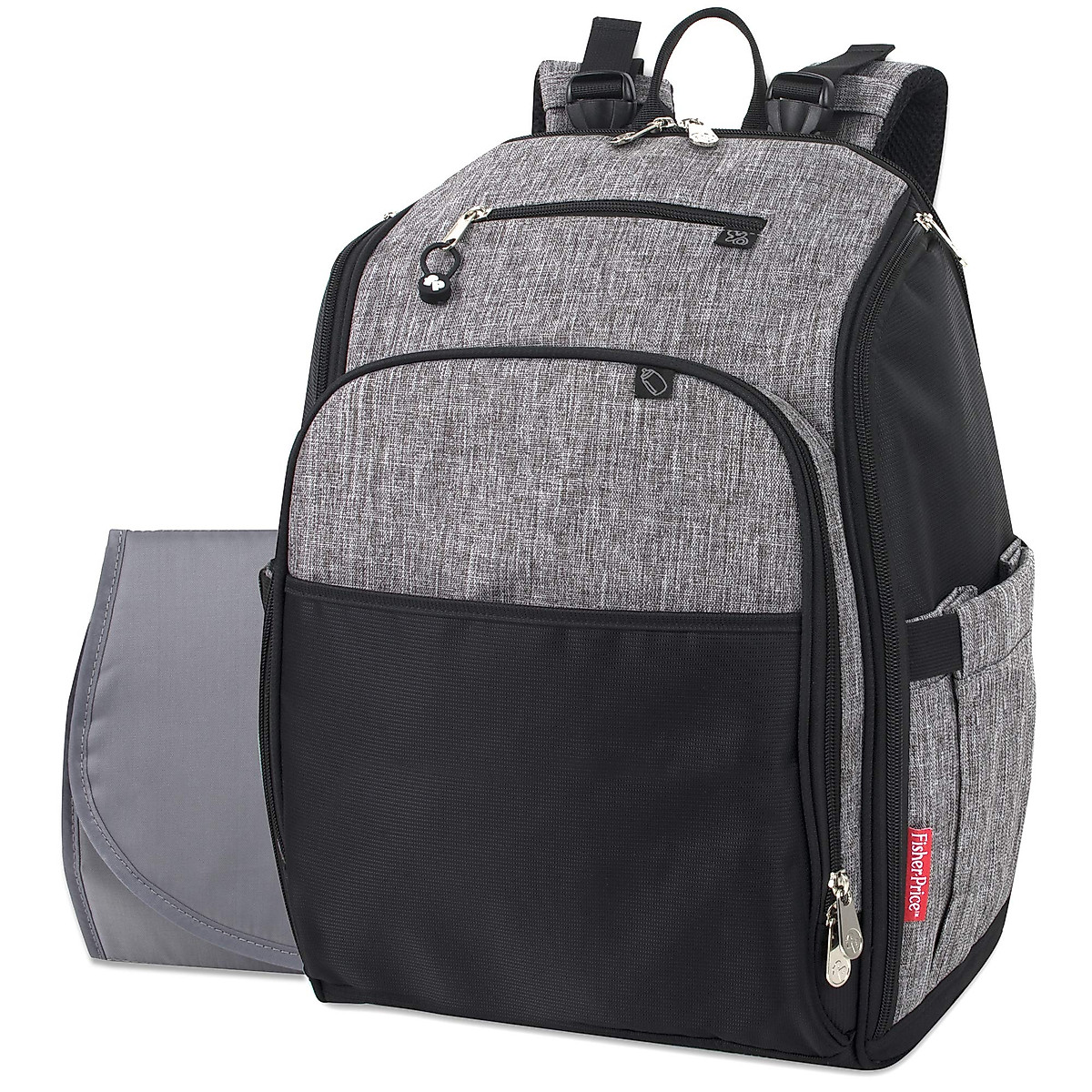 Fisher Price Diaper Bag Backpack with Changing Pad and Stroller Straps, Grey, Large