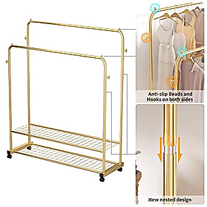 Thick forest Double Layer Clothes Rack Clothes Rack with Wheels Clothing Rack Rolling Rack Metal Rolling Garment Rack with Double-Tier Shelves, Clothes Storage and Organizer (Gold)…