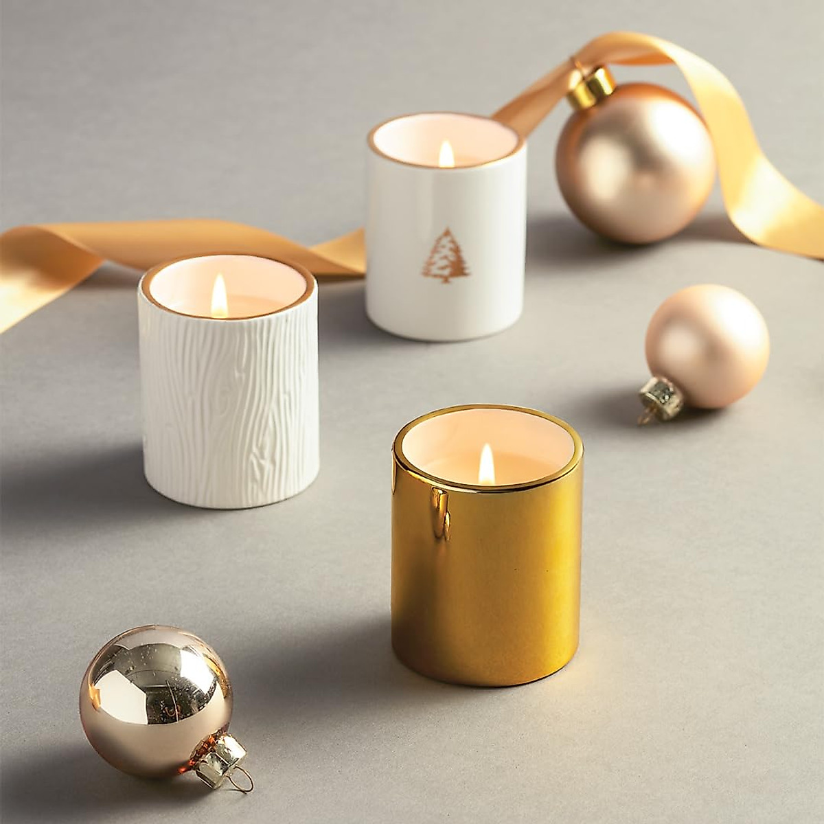 Thymes Frasier Fir Gilded Votive Candles - Scented Candles with a Crisp Just-Cut Forest Fragrance - Set of Three Ceramic Holiday Candles - Wood Grain, Gold, and White Candles (3 oz Each, Pack of 3)