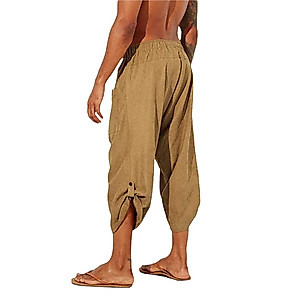 Gafeng Mens Linen Harem Capri Pants Drawstring 3/4 Shorts Casual Beach Yoga Hippie Thai Pants