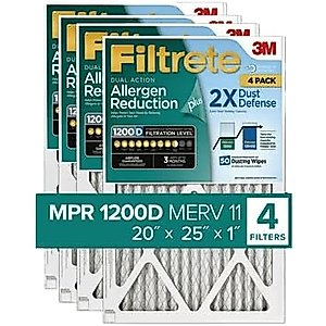 Filtrete 20x25x1 Air Filter MPR 1200D MERV 11, Allergen Reduction Plus Dust, 4-Pack Filters (exact dimensions 19.81x24.81x0.81)