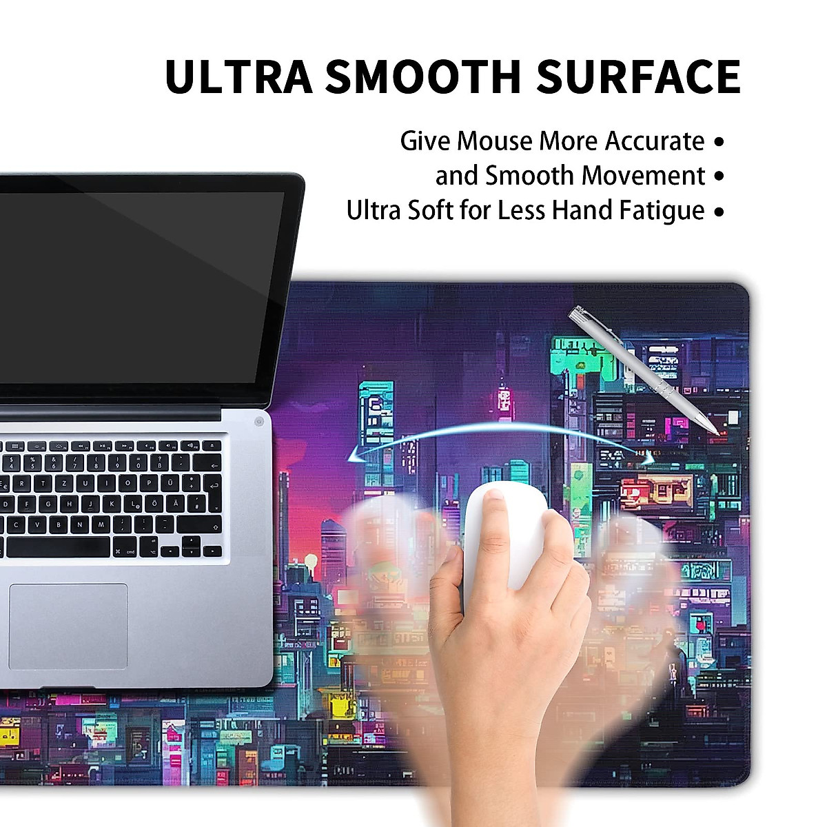 Retro Japanese Anime Gaming Mouse Pad XXL Cool Dark Purple Red Vaporwave City Extended Large Desk Mat Big Mousepad Non-Slip Rubber Base Stitched Edge Long Mousepad for Desk Computer, 35.4 x 15.7 in