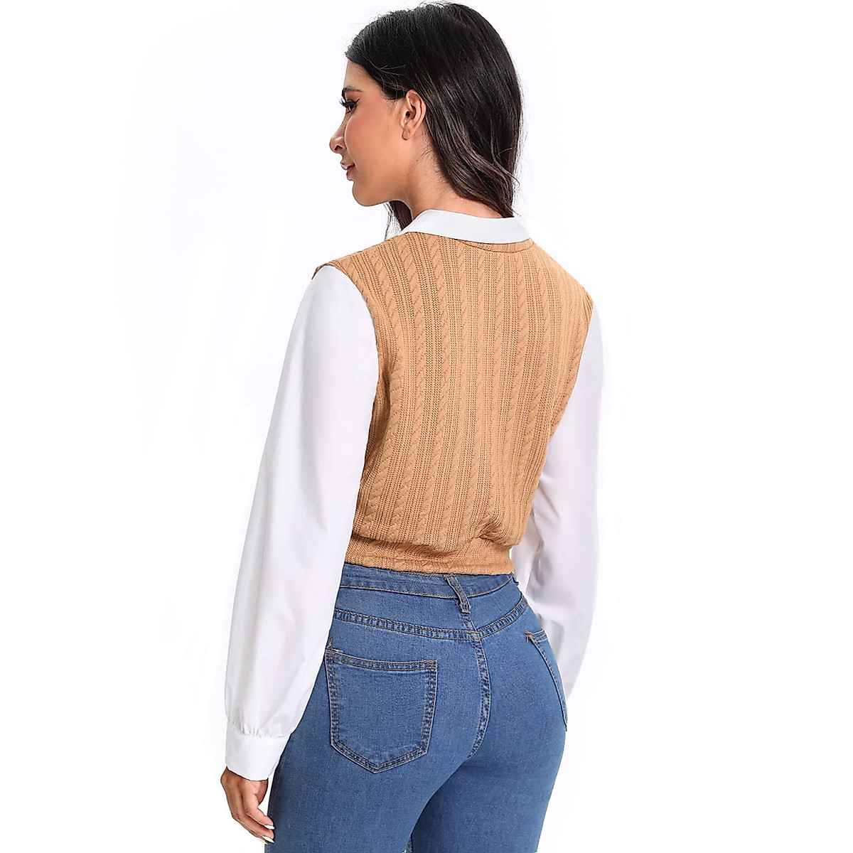 SweatyRocks Women's Collar Long Sleeve Shirt Ribbed Knit 2 in 1 Blouse Crop Top Sweater Shirt Top Cemel L