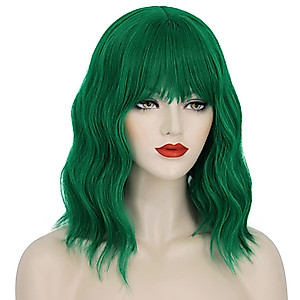Mersi Green Wig Green Wigs for Women St Patricks Day Short Wavy Green Wig with Bangs Cute Soft Synthetic Wigs for Party Halloween S046DGR