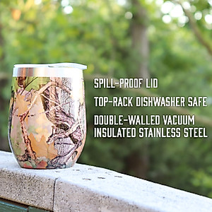 Rivers Edge Products 10 Oz Insulated Wine Tumbler With Lid, Stainless Steel Stemless Wine Glass, Hot or Cold Tea and Coffee Tumbler, Spill-Proof Insulated Cup for Travel, Camo