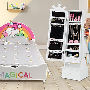 HONEY JOY Kids Jewelry Armoire Cabinet, 2-Angle Tilting Wooden Standing Jewelry Organizer with Full-length Mirror and Storage Drawers, Children Dress Up Jewelry Cabinet for Little Girls (White)