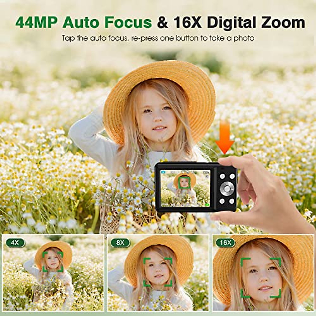 Digital Camera, Auto Focus Kids Camera,HOORUAN 1080P & 44MP Vlogging Digital Camera with 32GB Card, 16X Digital Zoom Compact Point and Shoot Camera, Portable Mini Kids Camera for Teens Students