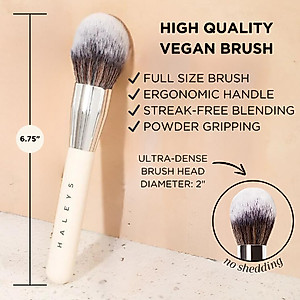 HALEYS Powder Brush VEGAN+CRUELTY-FREE, Soft, Streak-free, Perfect Blending, Buff, Blurs, Smooths, Control, Precision, Complexion tools, For powder, setting powder, blush, Sustainable Wood Handle