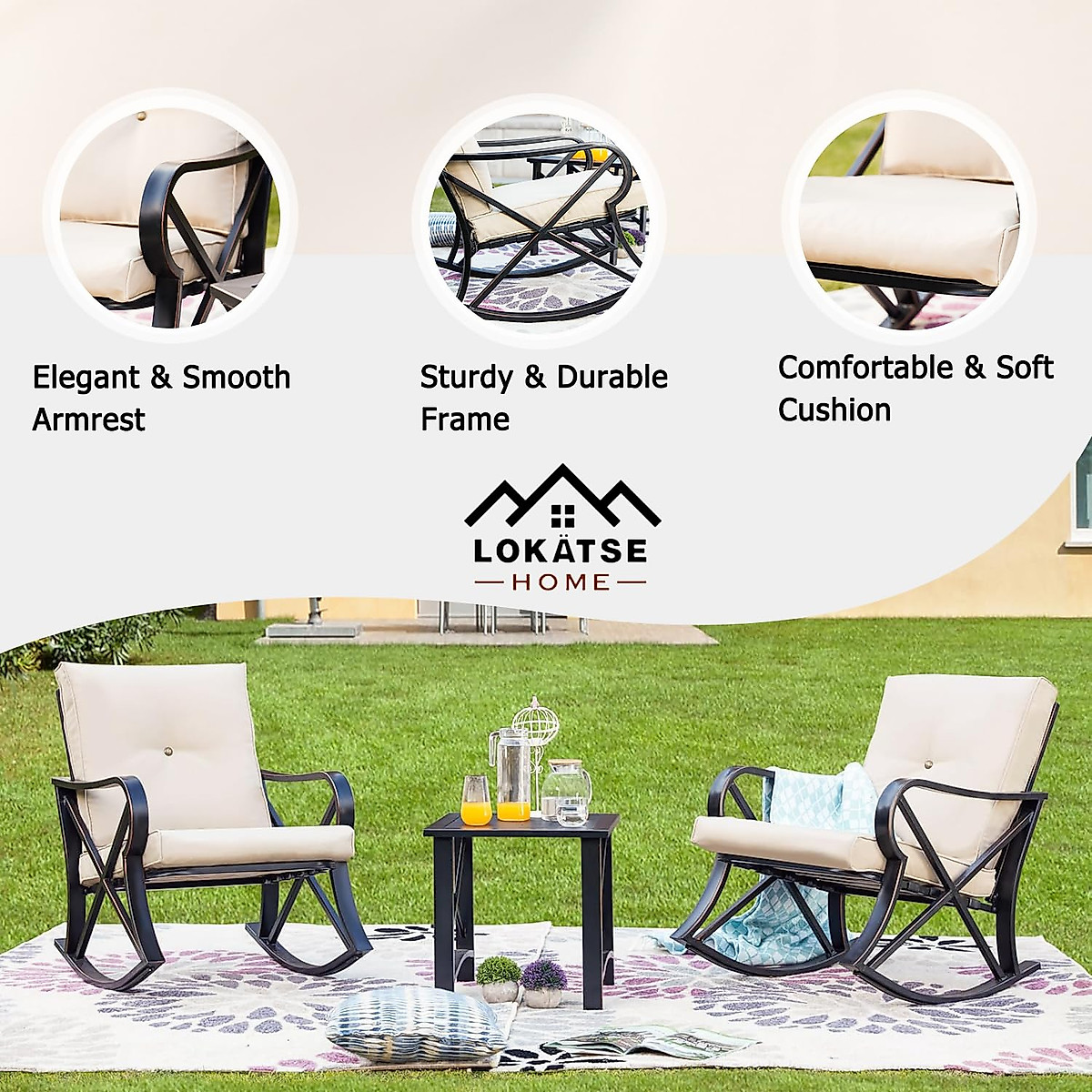 LOKATSE HOME 3 Piece Patio Outdoor Rocking Chairs Set Bistro Furniture and Square Coffee Table Metal Steel Frame with Thick Cushions, Khaki