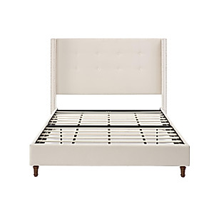 ACQCA Queen Velvet Bed Frame,Upholstered Platform Bed with Button Tufted Headboard and Nailhead Trim Wingback, Wood Slats Support, No Box Spring Needed, Easy Assembly,Ivory