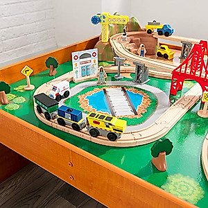 KidKraft Ride Around Town Wooden Train Set and Table with Helicopter, Airplane, Farm, Storage Bins and 100 Pieces, Compatible with Other Major Brand Trains, Honey