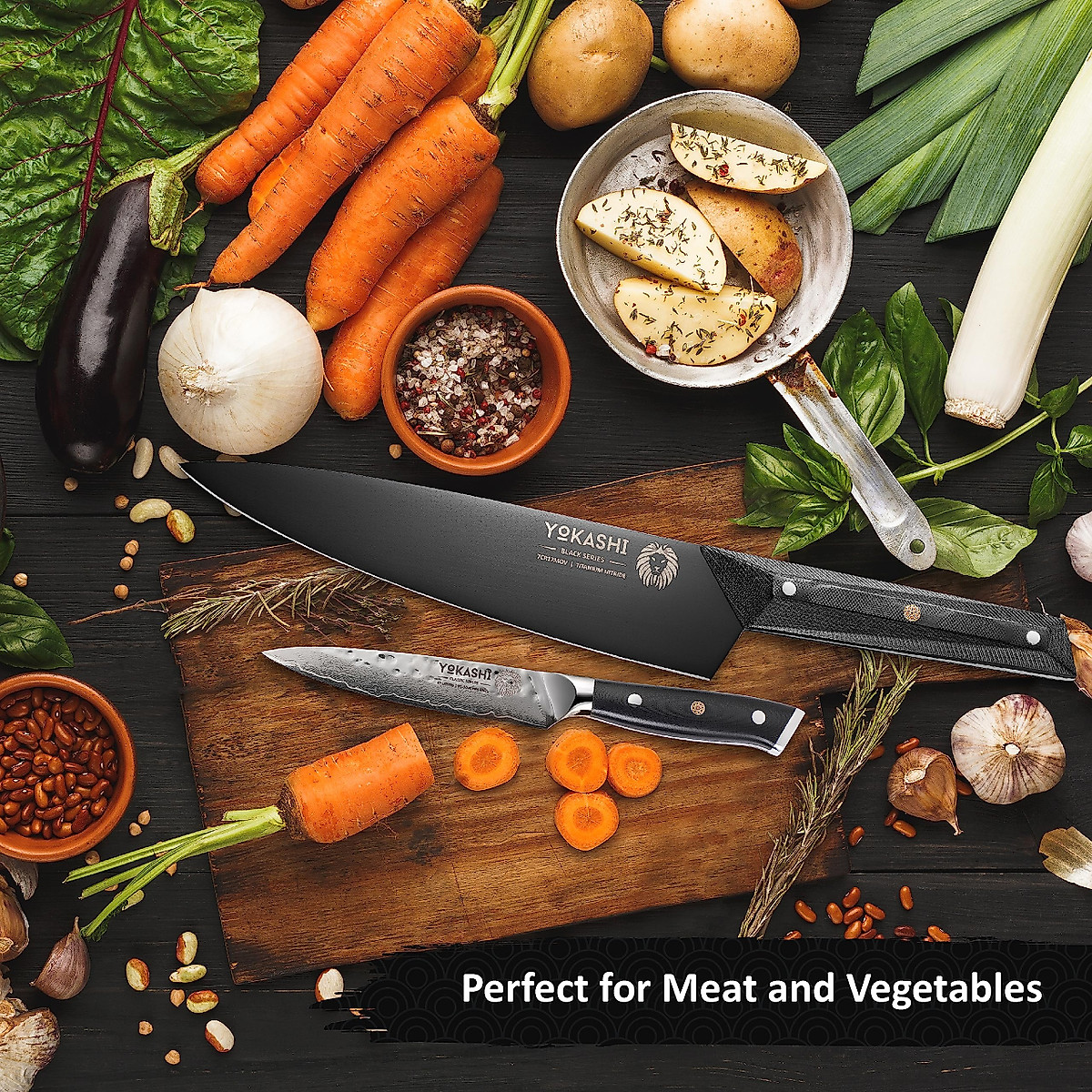 YOKASHI 67 Layers Damascus VG-10 5” Paring Knife and Black Titanium Chef Knife - Sturdy Design & Ergonomic Handles - Corrosion Resistant & Ultra Sharp Vacuum Treated Blades
