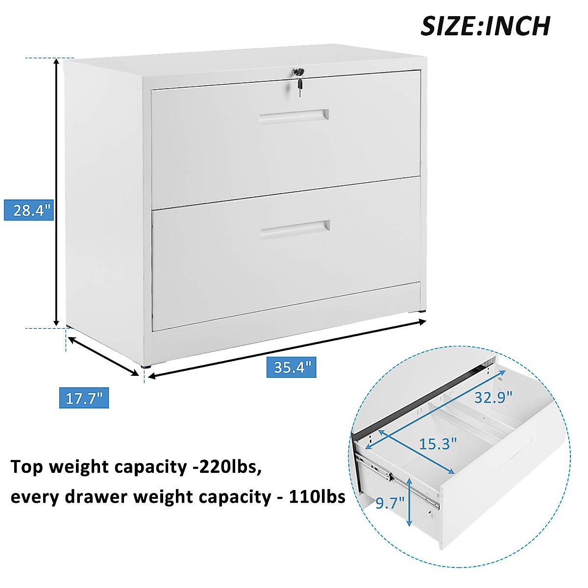 2 Drawers Lateral File Cabinet with Lock, Locking Metal Lateral Filing Cabinet for Home and Office