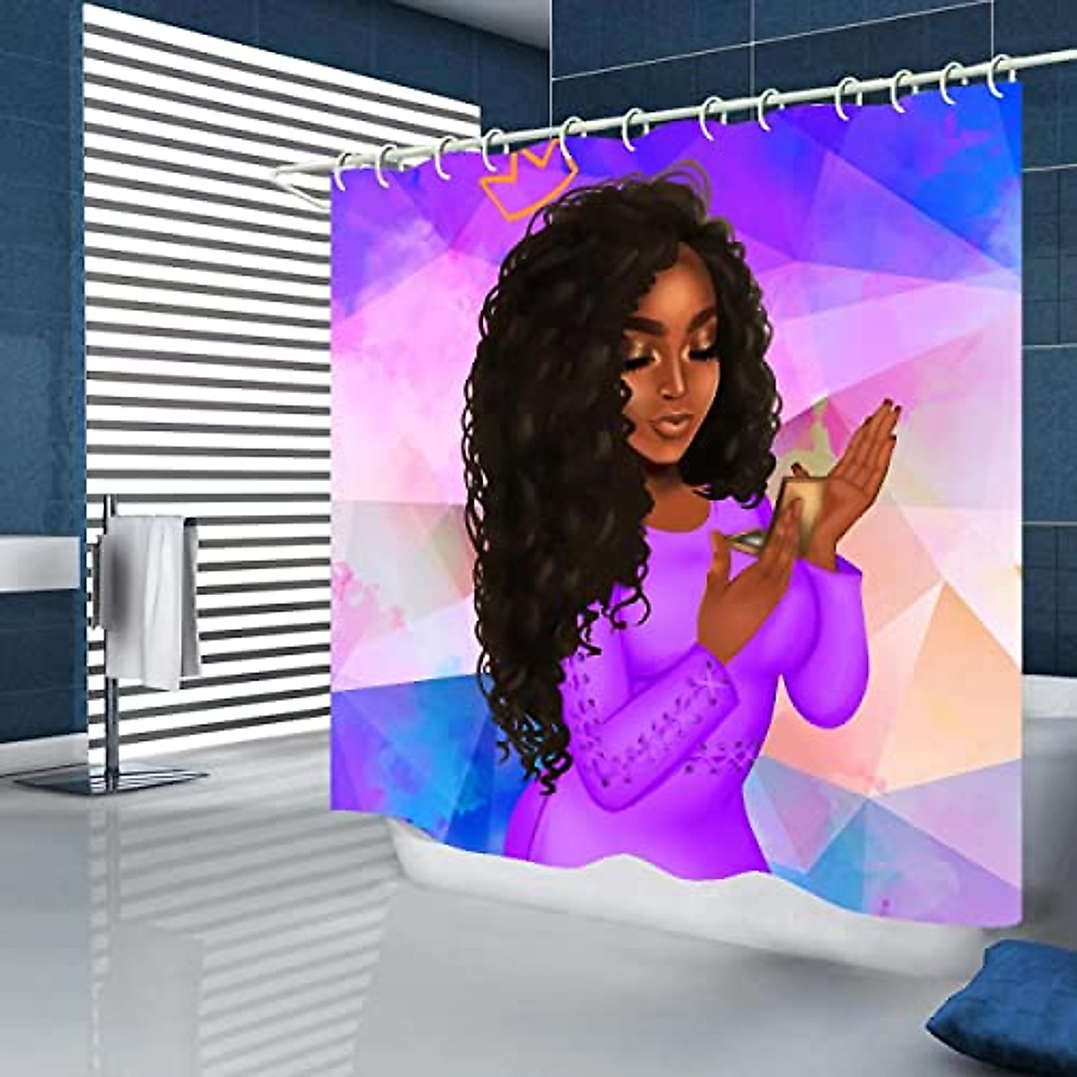 African American Woman Shower Curtains for Bathroom, 4PCS Bathroom Sets Include 1 Fabric Shower Curtain, 2 Non-Slip Bathroom Rugs and 1 Toilet Lid Cover, Black Girl Bathroom Decor