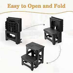 Linhoo 2 Step Stool Foldable, Non-Slip Portable Folding Collapsible Stools, Holds up to 300 lbs, Dual Heights Footstool for Home, Kitchen, Bathroom, RV(Black)