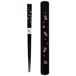 Happy Sales HSKS7/B, Travel Chopstick with Case, Black Pink Sakura Cherry Blossom
