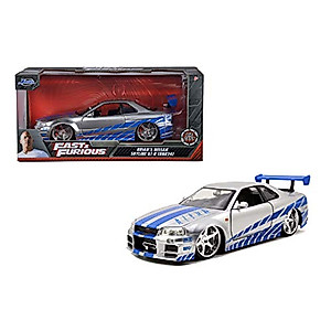 Jada Toys Fast & Furious Brian’s 2002 Nissan Skyline R34 Die-cast Car, 1:24 Scale, Silver & Blue