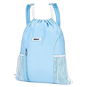 WANDF Drawstring Backpack with Shoulder Pad Sports Gym Backpack with Mesh Pocket String Bag for Women Men(Blue)