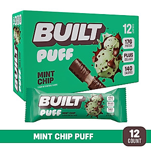 Built Bar, Puff Protein Bars, Mint Chip Puff, 17g Protein Snacks, On-The-Go Bars, Only 140 Calories, 6g Sugar, Collagen, Gluten Free, 12 Count