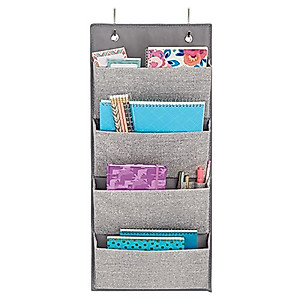 mDesign Soft Fabric Wall Mount/Over Door Hanging Storage Organizer - 4 Large Cascading Pockets - Holds Office Supplies, Planners, File Folders, Notebooks - Textured Print - Gray