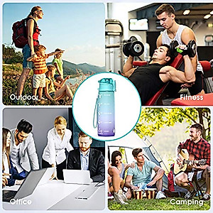 Y&3 32oz Motivational Fitness Sports Water Bottle With Time Marker, BPA Free Tritan Plastic, Leakproof Flip Top, For Gym, Outdoor, Office Work (Green/Purple Gradient, 32oz)