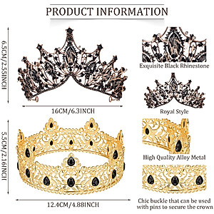 Ferraycle 2 Pcs Crowns for Men Women King Royal Crown with Black Rhinestone Crystal Queen Royal Round Crown Halloween Medieval Princess Costume for Wedding Homecoming Prom Party Decorations