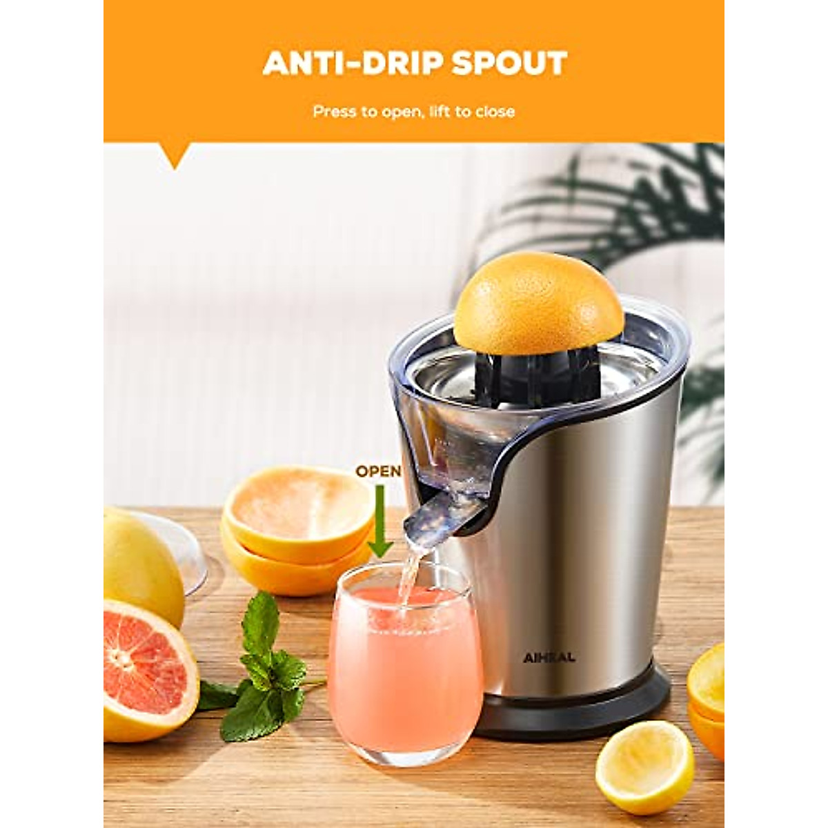 Aiheal Electric Citrus Juicer, Orange Juicer Squeezer with Two Interchangeable Cones Suitable for All Size of Citrus Fruits, Anti-drip Spout and Ultra Quiet Motor, BPA Free, Brushed Stainless Steel