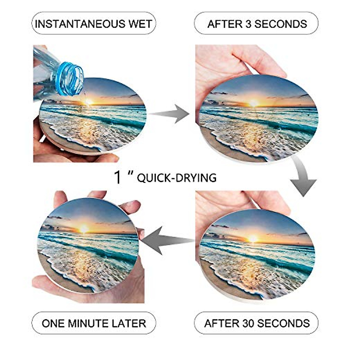 Ocean Beach Drink Coasters Absorbent Natural Ceramic Stone Bar Coasters Set of 4 - Cup Mat with Cork Backing, Housewarming Gifts for Home Kitchen Decorations Tropical Sunset Beach Ocean Wave Sea Water