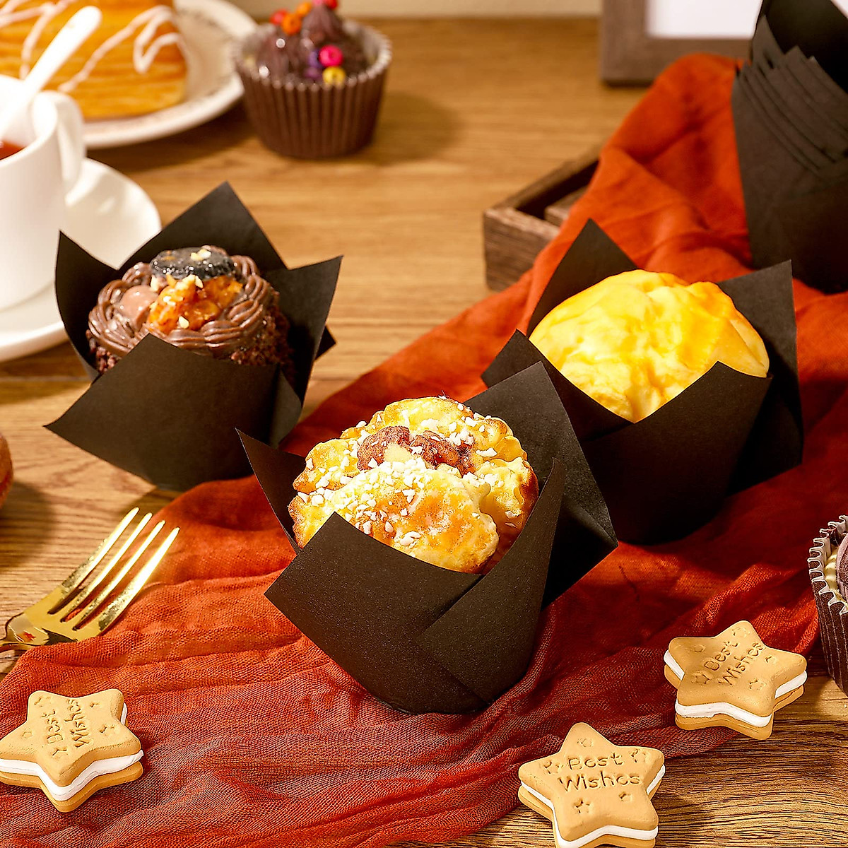 400 Pieces Tulip Cupcake Liner Baking Cups Greaseproof Muffin Liners Cupcake Wrappers Cupcake Holders for Christmas Thanksgiving Wedding Baby Shower Holiday Birthday Party Kitchen Supplies (Black)