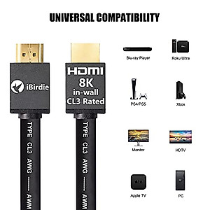 iBirdie 8K HDMI 2.1 Cable 15 Feet CL3 in Wall Rated 8K60Hz 4K120Hz eARC ARC HDCP 2.3 2.2 Ultra High Speed Compatible with Dolby Vision Roku Sony LG Samsung PS5 PS4 Xbox Series X RTX 3080 3090