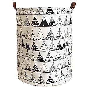 Nictemaw Laundry Hamper, Foldable Laundry Basket with Waterproof PE Coating, Canvas Fabric Round Large Storage Baskets with Leather Handles for Blankets, Clothes, Pillows, Shoes