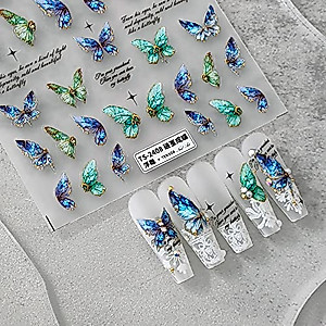 Butterfly Nail Art Stickers Decals 5D Embossed Nail Decals Blue Green Butterfly Stereoscopic Nail Design Stickers Relief Butterfly Acrylic Self Adhesive Nail Supplies for Women Manicure Decoration