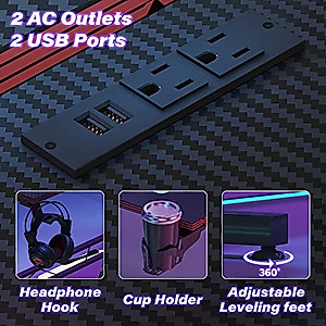 Flamaker Gaming Desk with LED Lights & Power Outlets, L-Shaped Computer Corner Desk with Carbon Fiber Surface & Monitor Stand, Ergonomic Gamer Table with Cup Holder, Headphone Hook, Black