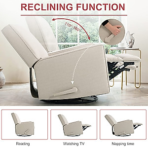 EASELAND Swivel Rocker Recliner Chairs,Large Nursery Glider Chair with Manual Puller,360°Rotation Reclining Glider Chair with Linien Fabric,Modern Lounge Nursery Chair for Living Room(Beige)