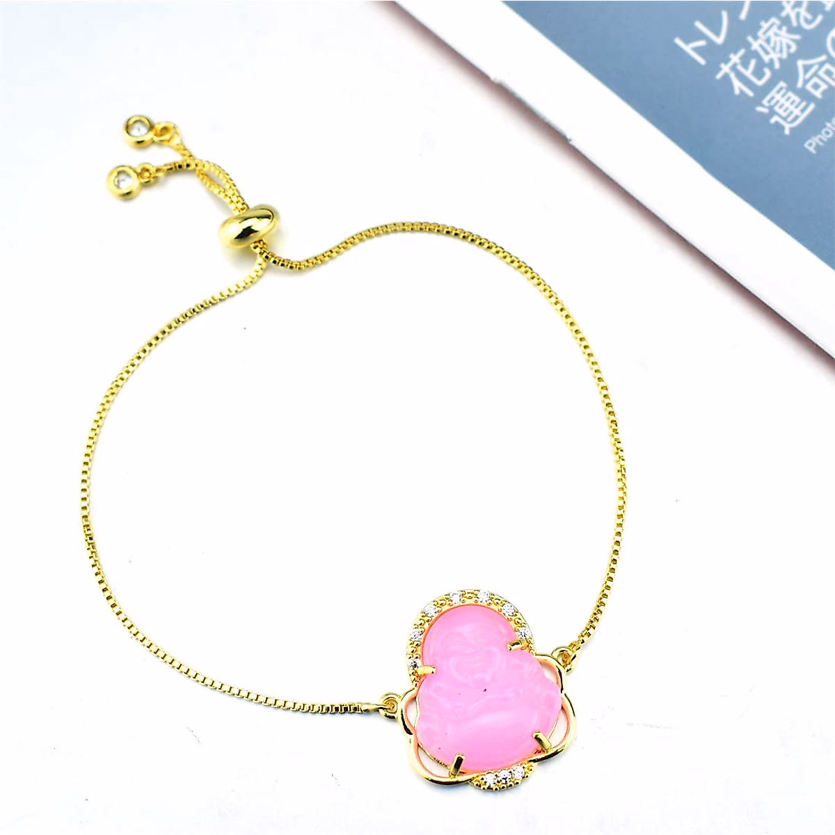 COLORFUL BLING Natural Jade Stone Laughing Buddha Link Bracelet Pendant 18K Gold Plated Cubic Zirconia Crystal Adjustable Lucky Gemstone Amulet Protection Jewelry for Women Men-Pink