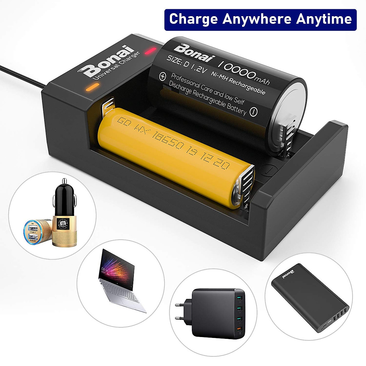 BONAI Battery Charger for 1.2V Ni-MH Ni-Cd AA AAA C D Rechargeable Batteries, All Types of 3.7V Lithium Batteries - 2 Slots USB Charger