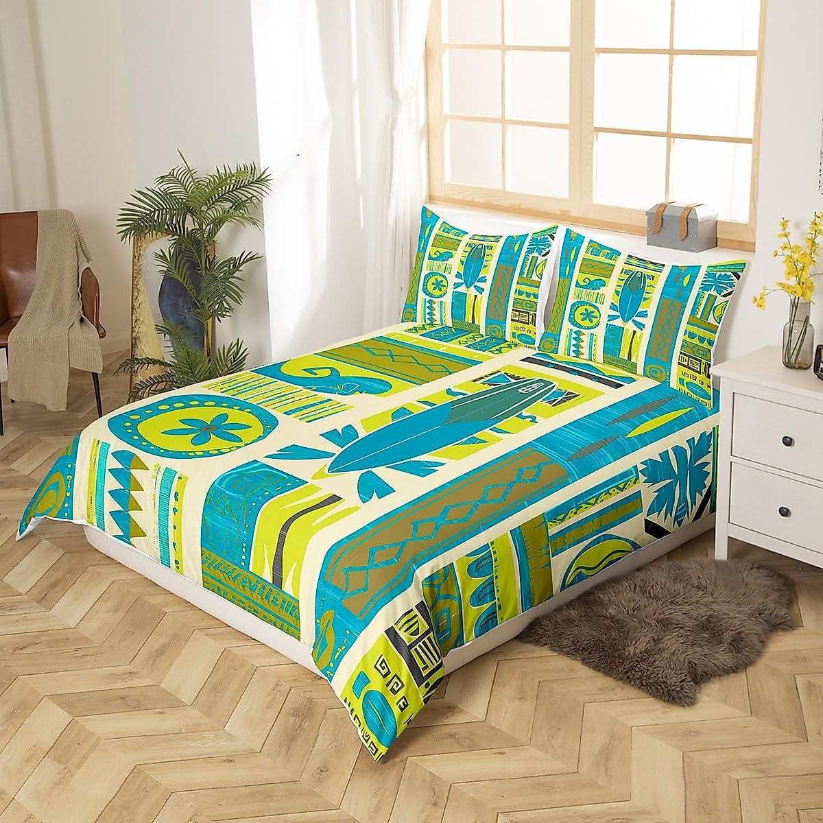 Exotic Tiki Pattern Duvet Cover, Tropical PineBedding Set, Tribal Style For Kids Boys Girls Comforter Cover, Abstract Ocean Beach Quilt Cover Bed Decor With 2 Pillow Shams Queen Size, Blue