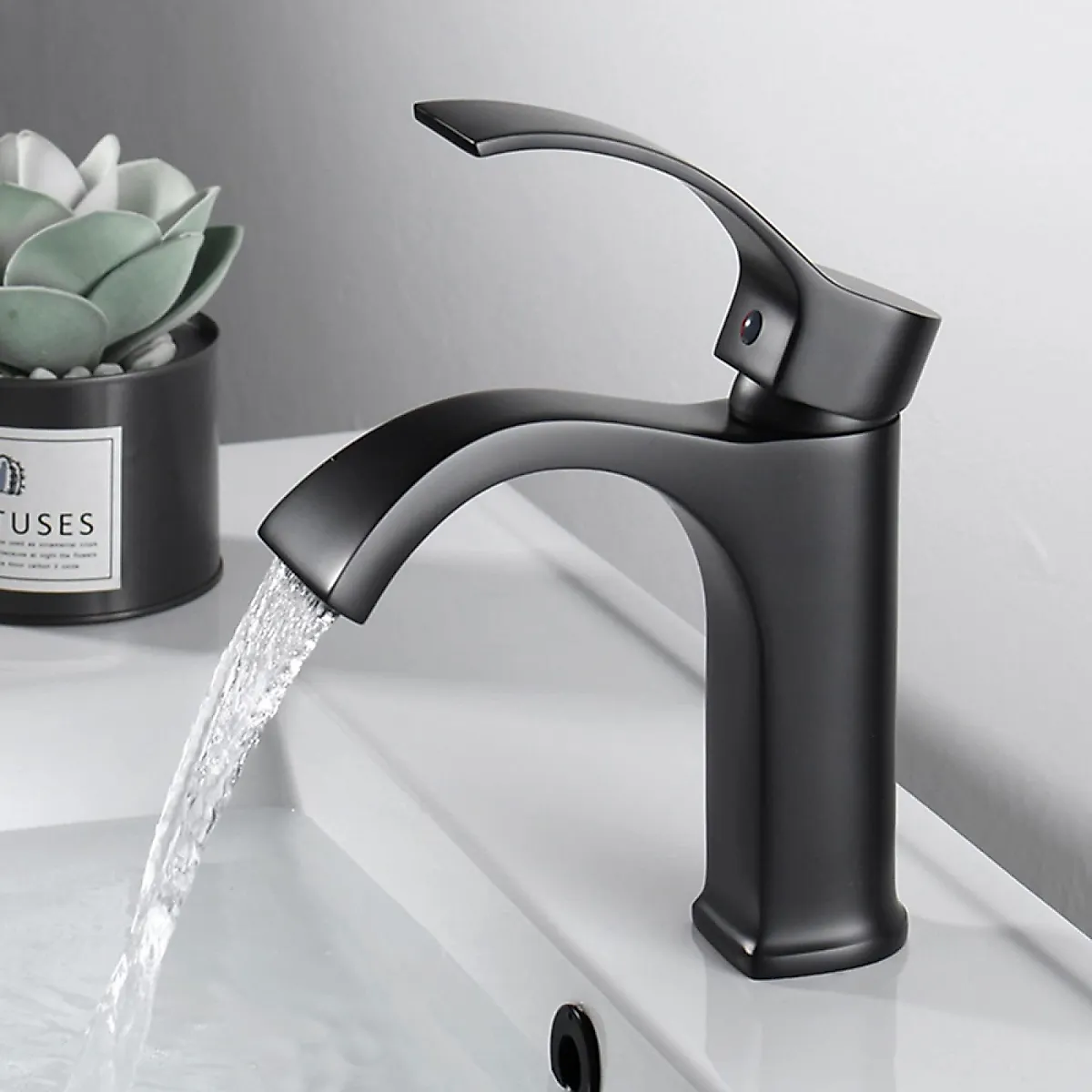 Bathroom Faucet Waterfall Black,Brass Bathroom Vanity Faucet, Hot and Cold Water Faucet, Waterfall Bathroom Faucet Single Hole, Faucet, Tall (Color : Short)