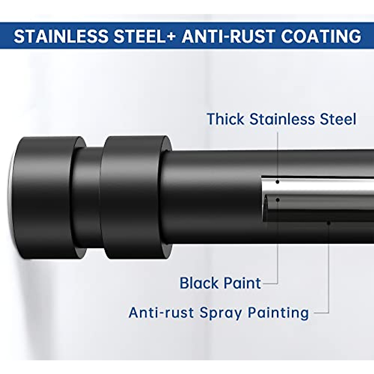 BRIOFOX Simple Shower Curtain Rod - Modern Shower Rod Tension - Rust Proof Non-Slip 42-72 inches Stainless Steel, Matte Black
