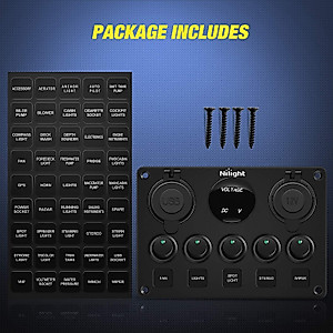 Nilight - 90125E 5 Gang Multi Function Rocker Switch Green Backlit Dual USB Charger + Digital Voltmeter +12V Outlet Pre-Wired Switch Panel with Inline Fuse for RVs Cars Boats Trucks Trailers