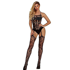 DMLBC Women Fishnet Bodysuits,Floral Lace Lingerie,Women's Sexy Mesh Babydoll,Bodysuit Dress,One Piece Babydoll One Size Black