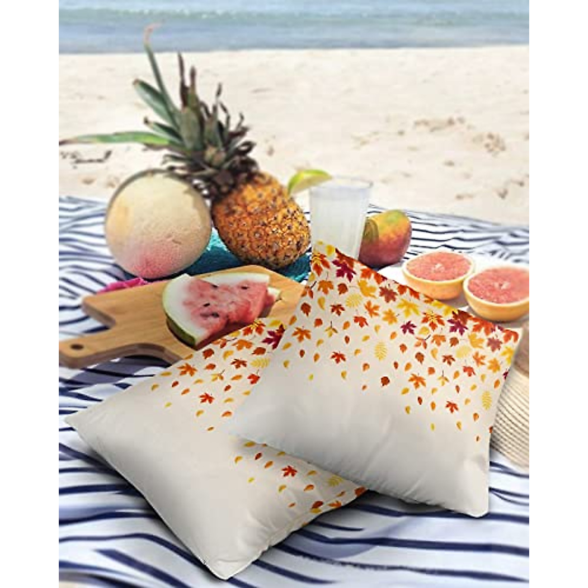 Outdoor Pillows 18x18 Waterproof Outdoor Pillow Covers Fall Marple Leaves Thanksgiving Polyester Throw Pillow Covers Garden Cushion Decorative Case for Patio Couch Decoration Set of 2 Autumn Harvest