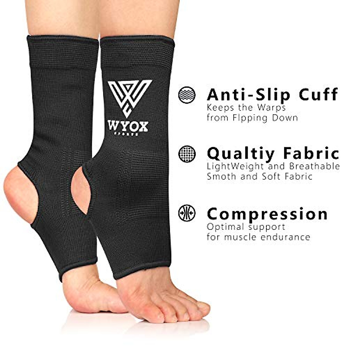 WYOX Ankle Wraps Support Boxing Gear for Men Women Muay Thai Ankle Support Kickboxing Wraps Gym Ankle Support (Pair) (Black, L/XL (Women 7.0-10.5/ Men 6.0-9.5))