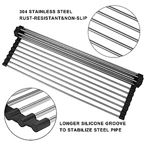 NileHome Roll Up Dish Drying Rack, Sink Drying Rack Over Sink Dish Drying Rack 304 Stainless Steel Foldable Drain Rack for Kitchen Sink Counter Utensils Vegetables and Fruits (17.5''X13.4'')，Black