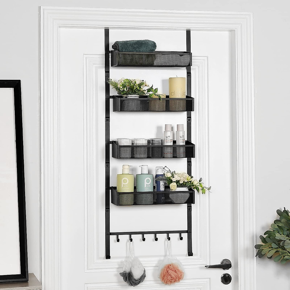 keomaisyto Upgrade Over the Door Organizer with Hooks &Baskets, 5 Tier Wall Mounted Pantry Door Organizer Hanging Spice Rack for Kitchen, Metal Back of Door Storage for Spice Snack Black